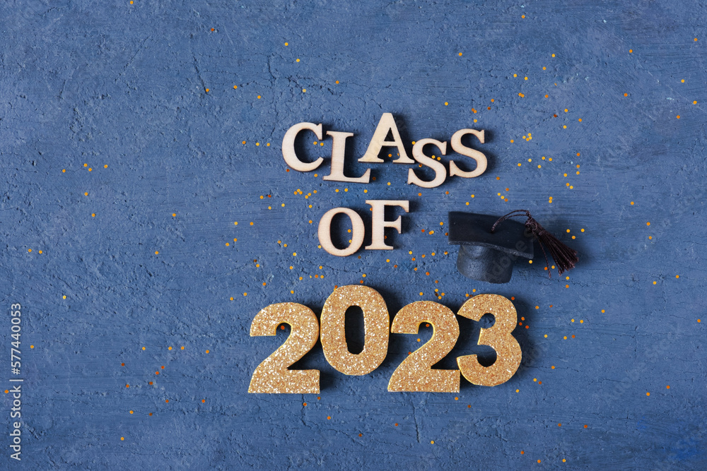 Class of 2023 banner concept. Wooden number 2023 with graduated cap on ...