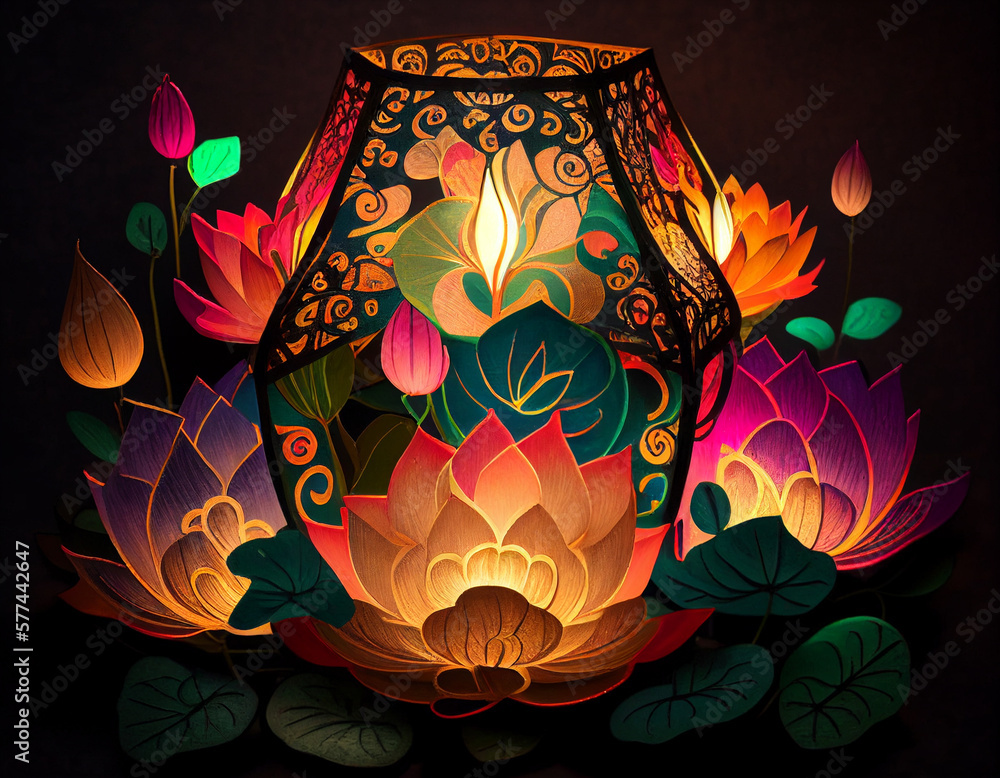 A Colorful Vesak Lantern with Lotus Flowers for Vesak Day | Generative ...