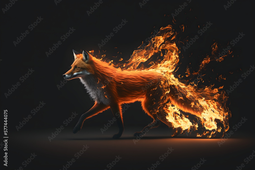Fiery Fox in a Colorful Blaze. Elegant Red Fox with Flames. Generative ...