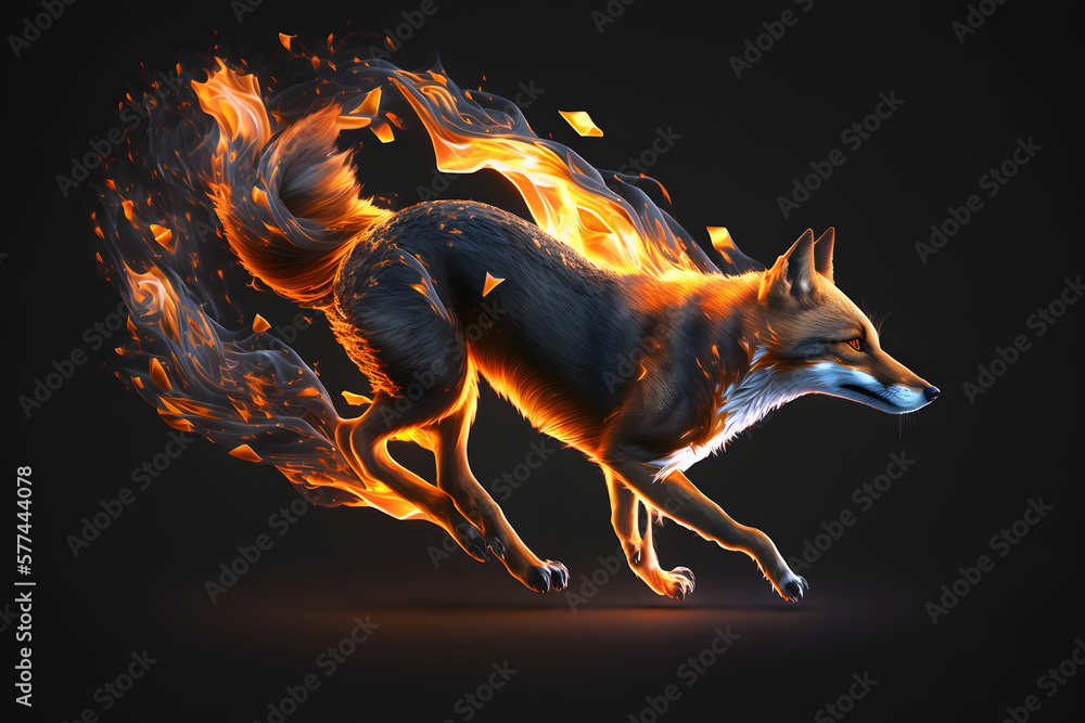 Magical Red Fox in Flames Jumping. Fox Animal With Blaze Symbol Of ...