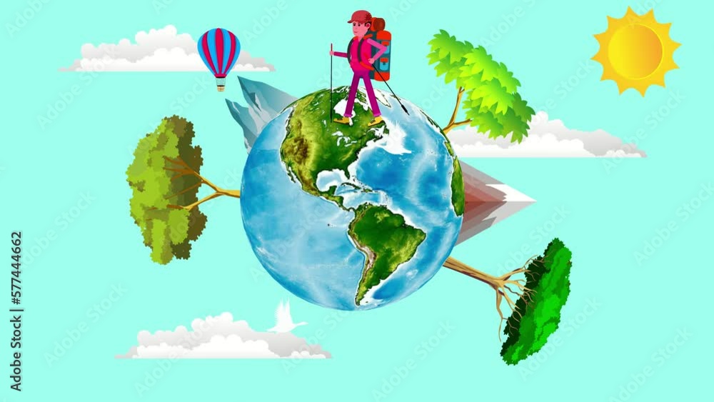 Eco traveller man walking on rotating earth globe with trees cartoon ...