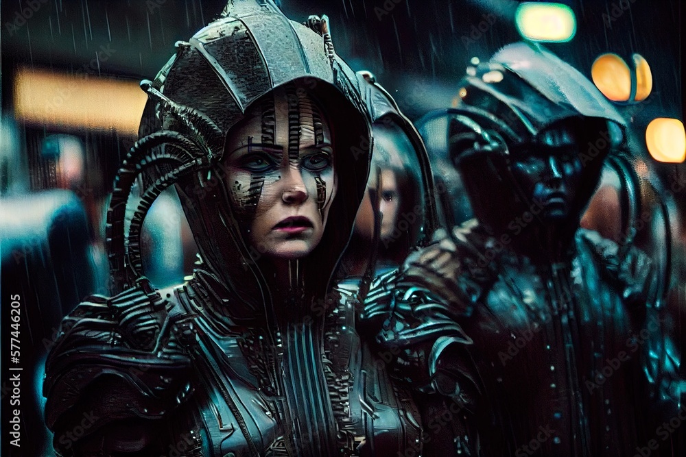A portrait of people in cyberpunk science fiction. High-tech futuristic ...