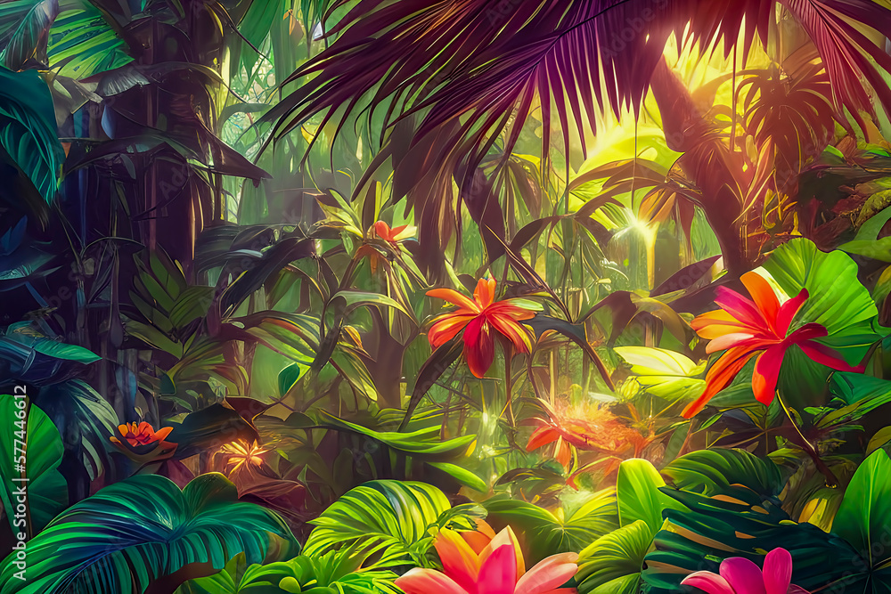Immersive and Detailed Painting of a Dense Jungle with Vivid Colors and ...