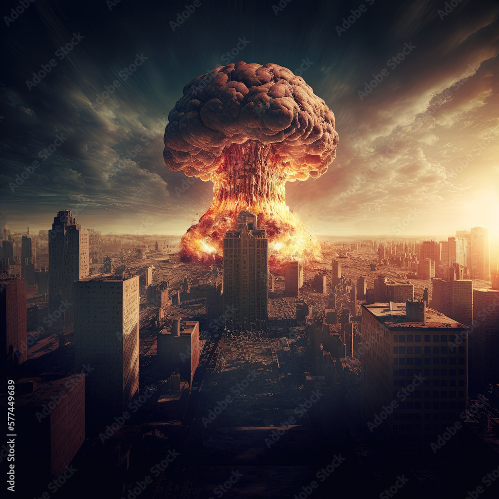 Nuclear explosion over big city created with Generative AI technology. Stock Illustration ...