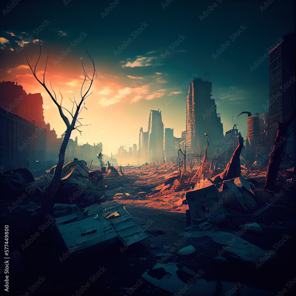 A post-apocalyptic ruined city. Destroyed buildings, destroyed roads ...