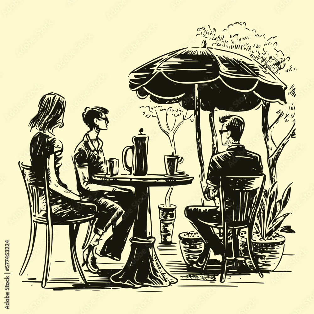 Hand drawn scene of people enjoying time in cafeteria. Vintage woodcut ...