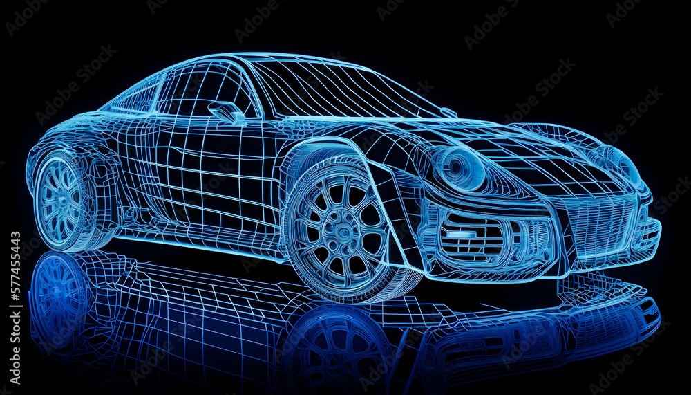 3d generic car wireframe with black background, Digital prototype ...