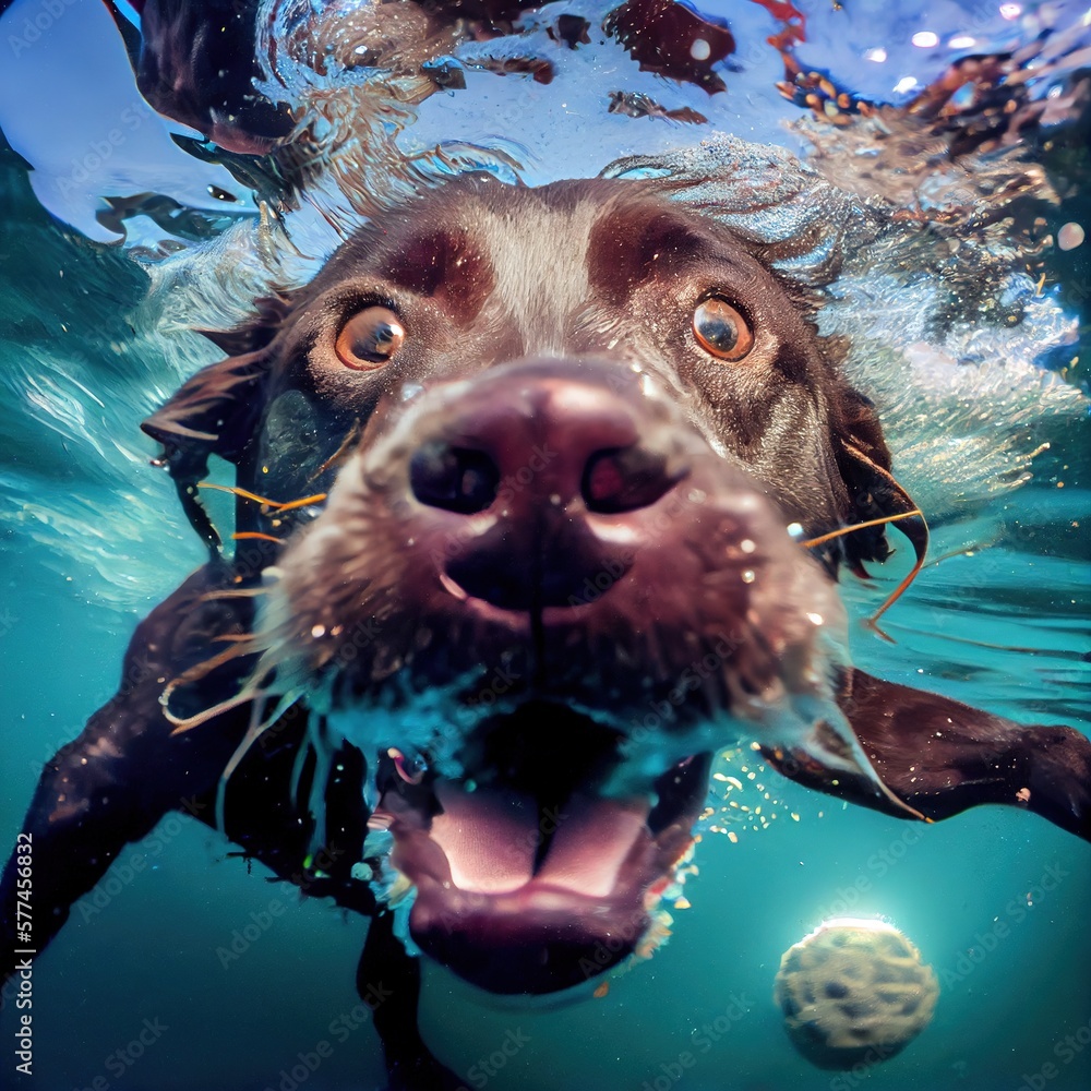 Cute dog dives underwater for a ball. A dog swimming underwater ...