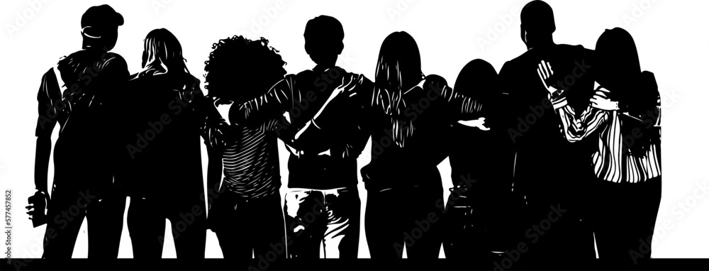 Silhouette Of Crowd Back Side View Line Art Vector Illustration Of
