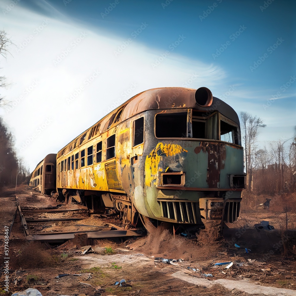 Abandoned rusty train with cars. Old ruined transport after the ...
