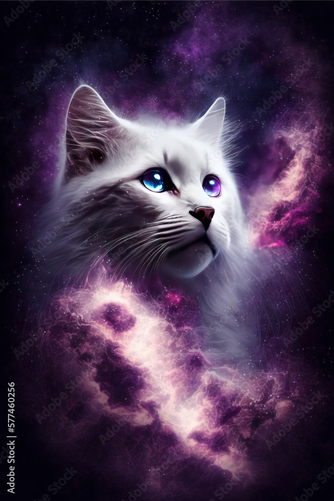 Space fantasy cat. Illustration of adorable kitten with nice fur and ...