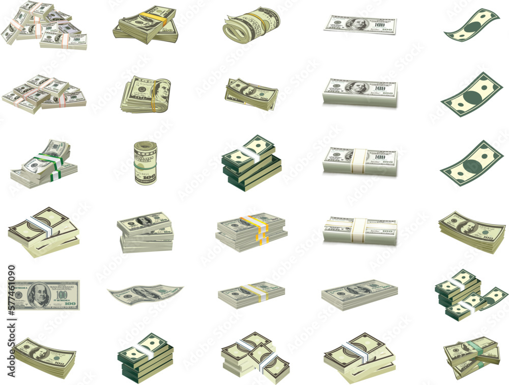 dollar bunch, money cash wad. Green paper bills and bundles of ...