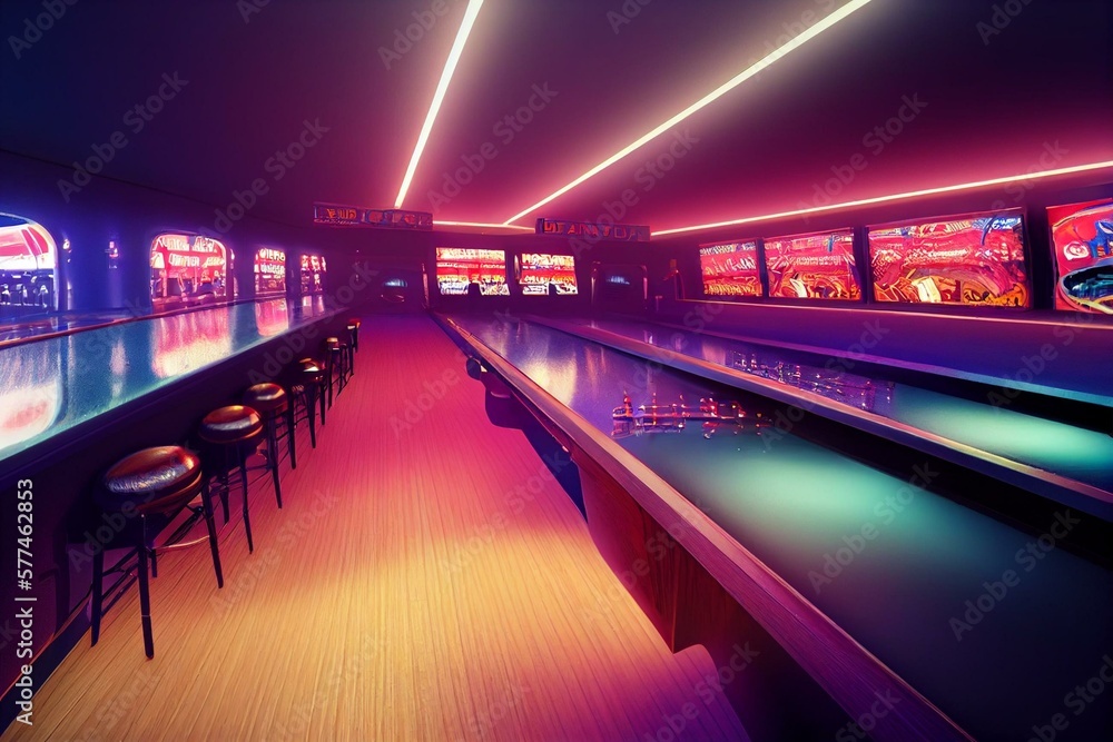 inside of a bowling alley bar, complete with lanes and equipment ...