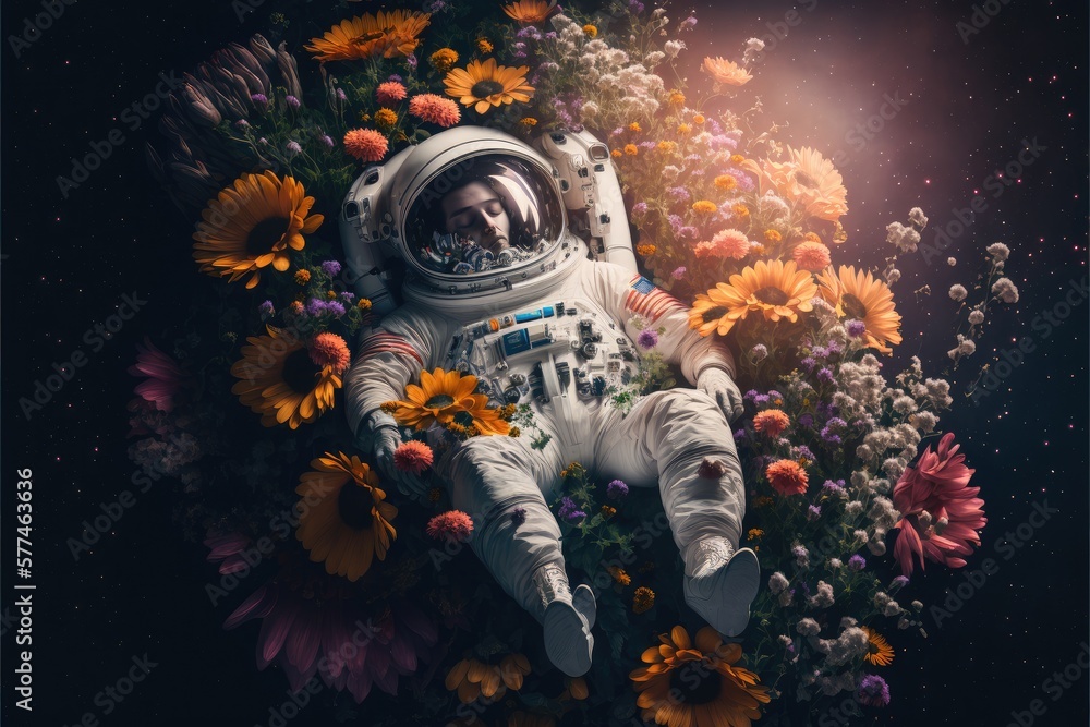 Astronaut laying in the colorful flower garden with top view. Concept ...