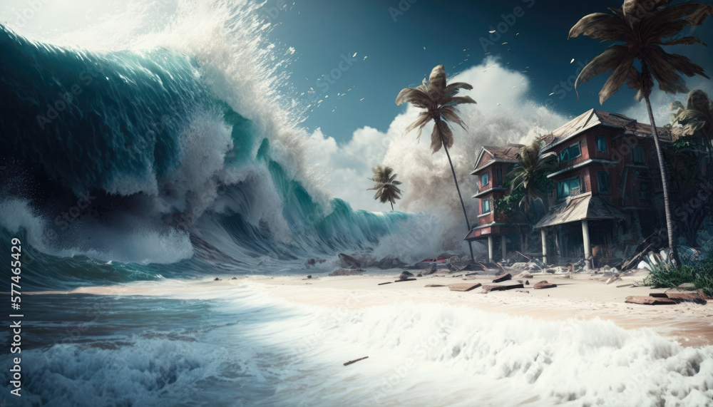 A tsunami wave covers a tropical hotel. Natural disaster. Drawing ...