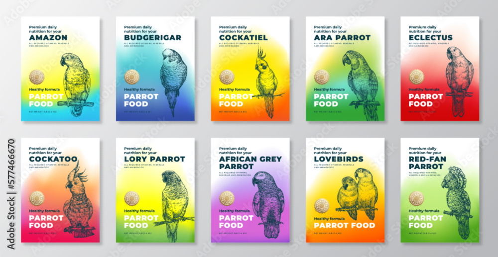 Pet Exotic Tropical Bird Food Product Label Templates Set. Abstract ...
