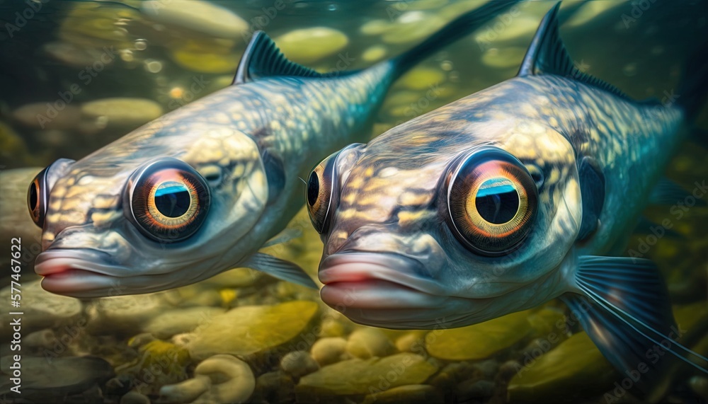 a couple of fish swimming next to each other on top of a body of water ...