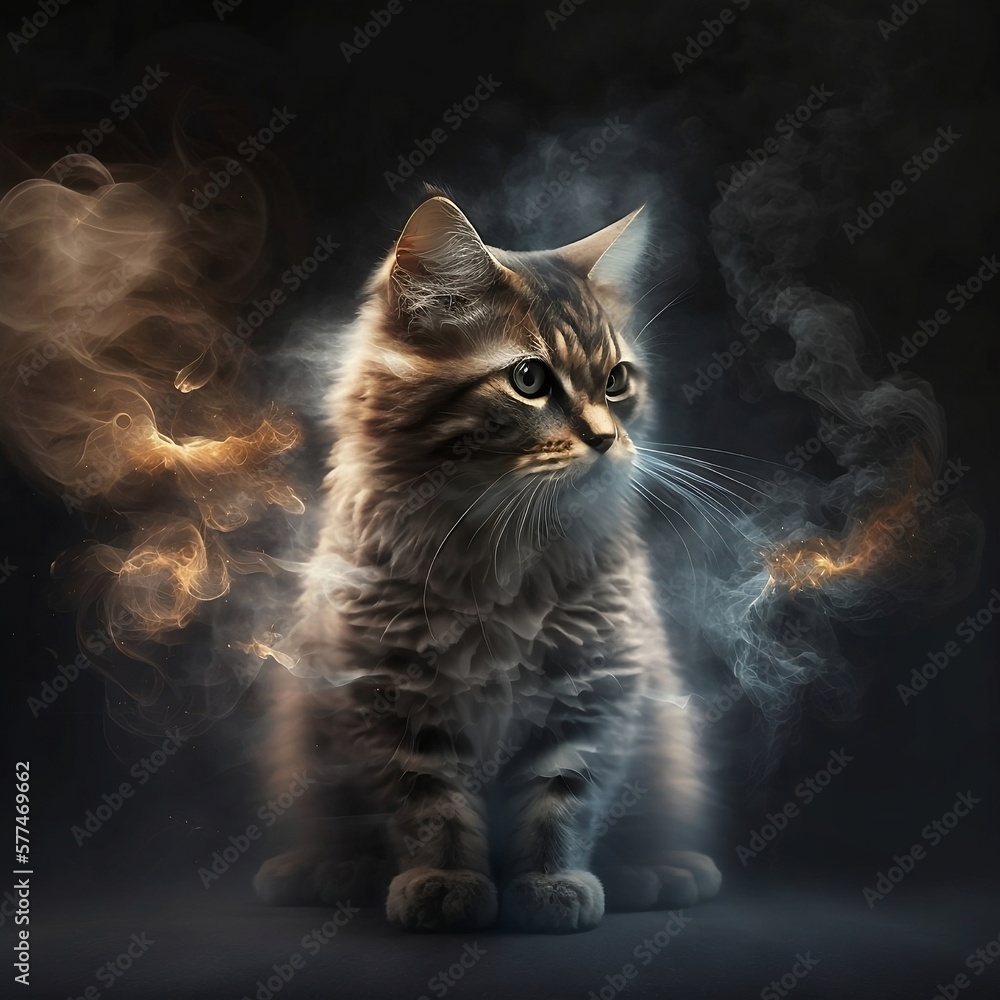 Cat in the smoke Cat in smoke on a dark background. Pet. Smoke and cat ...