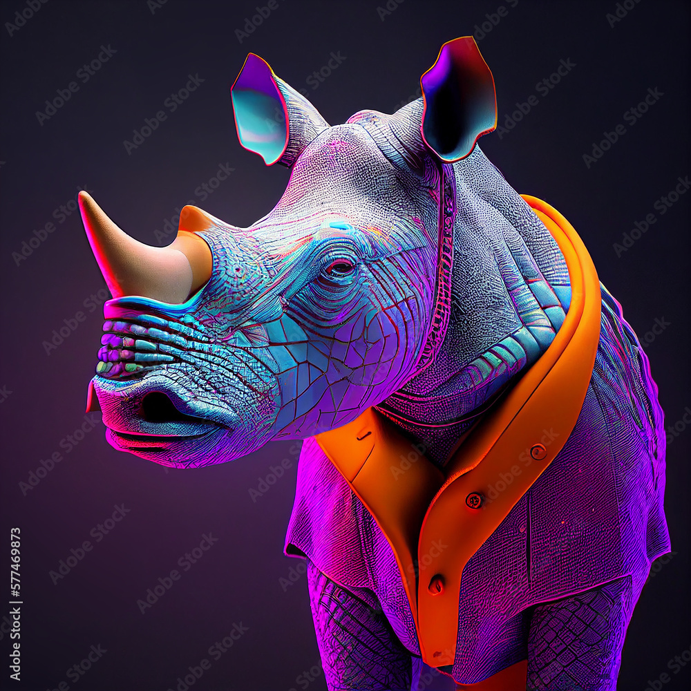 Realistic lifelike rhino rhinoceros in fluorescent electric ...