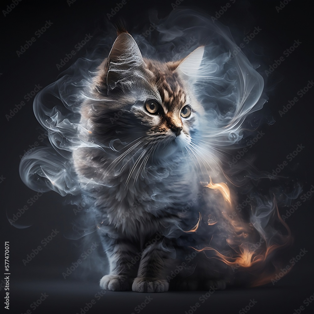 Cat in the smoke Cat in smoke on a dark background. Pet. Smoke and cat ...