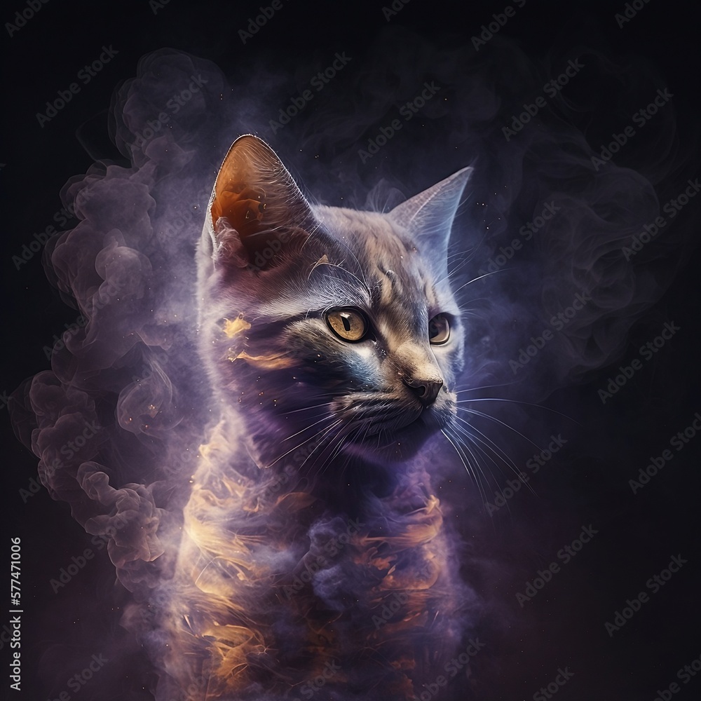 Cat in the smoke Cat in smoke on a dark background. Pet. Smoke and cat ...