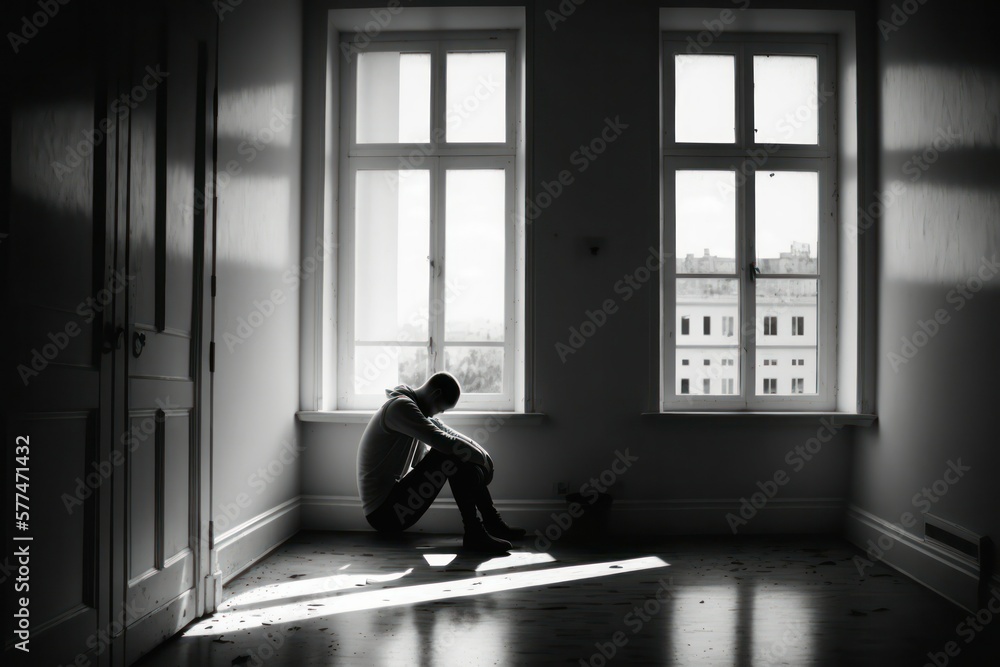 Black and white photo of a depressed person sitting in a dark hallway ...