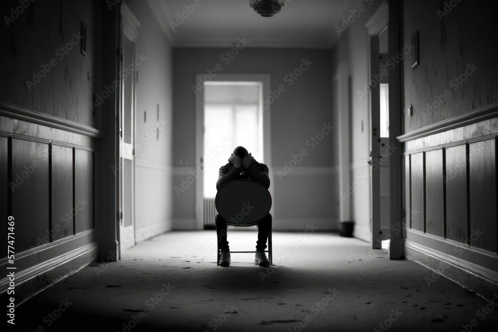 Black and white photo of a depressed person sitting in a dark hallway ...