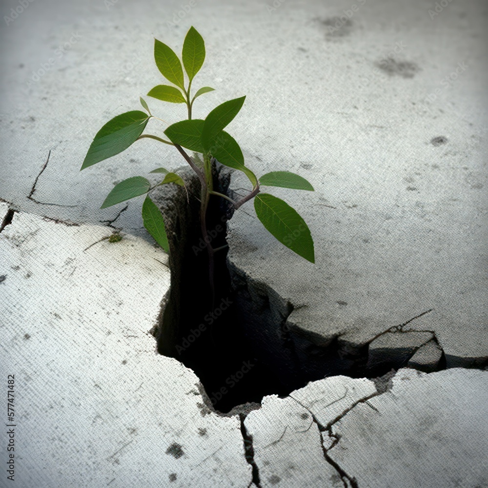 A small tree sapling growing out from a crack in concrete - a symbol of ...