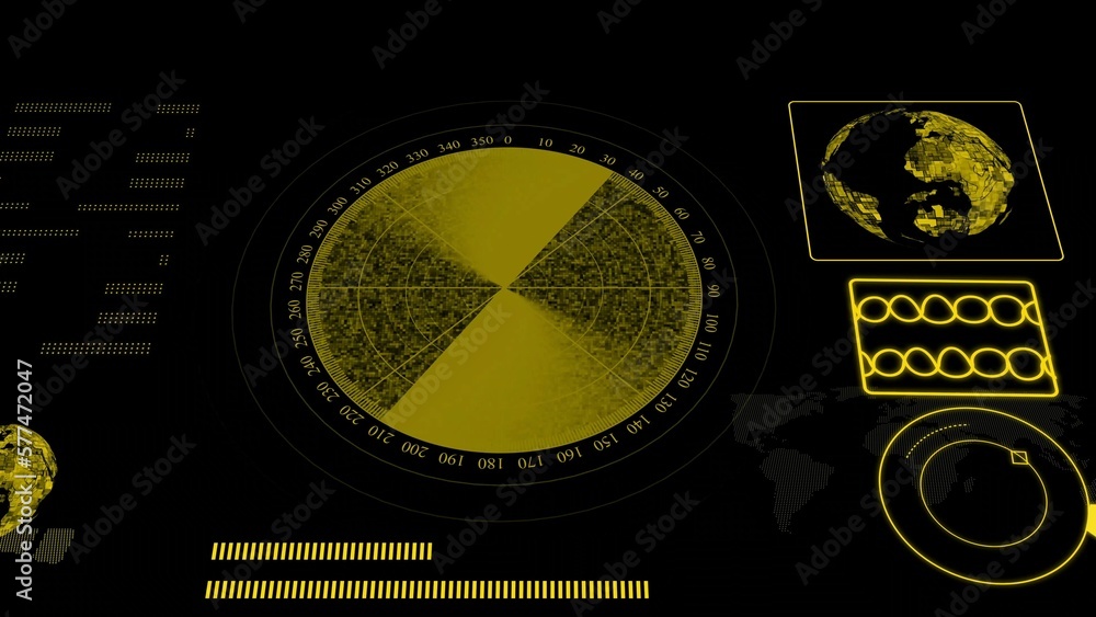 Digital technology world map, different information showing radar ...