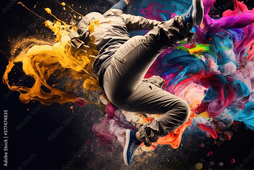 Color Explosion in Action Painting of Hip Hop Dancer Flying Through Air ...