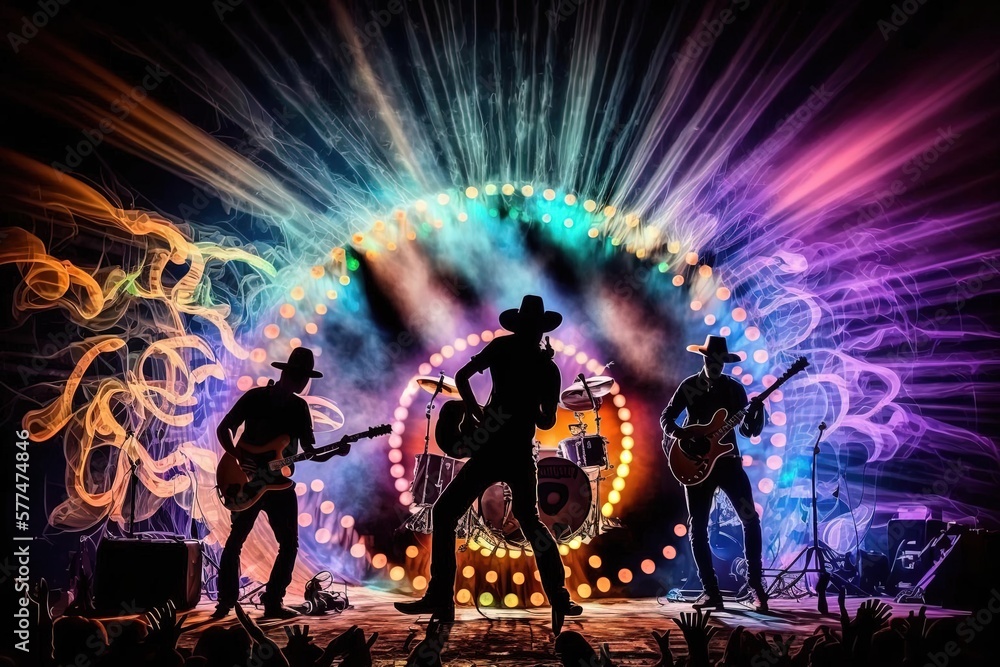 Cowboy Themed Group on Stage with Guitarists and Portal ilustração do ...