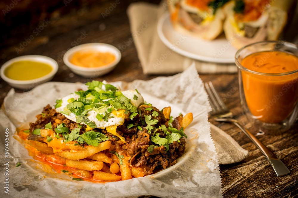 Vietnamese food - Kimchi fries with beef and egg and ham headcheese BBQ ...