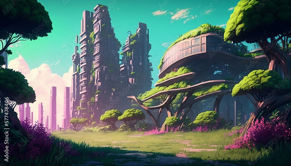 Anime world. A futuristic city of the future with lots of greenery in a ...