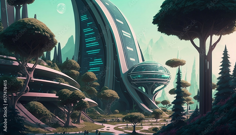 Anime world. A futuristic city of the future with lots of greenery in a ...