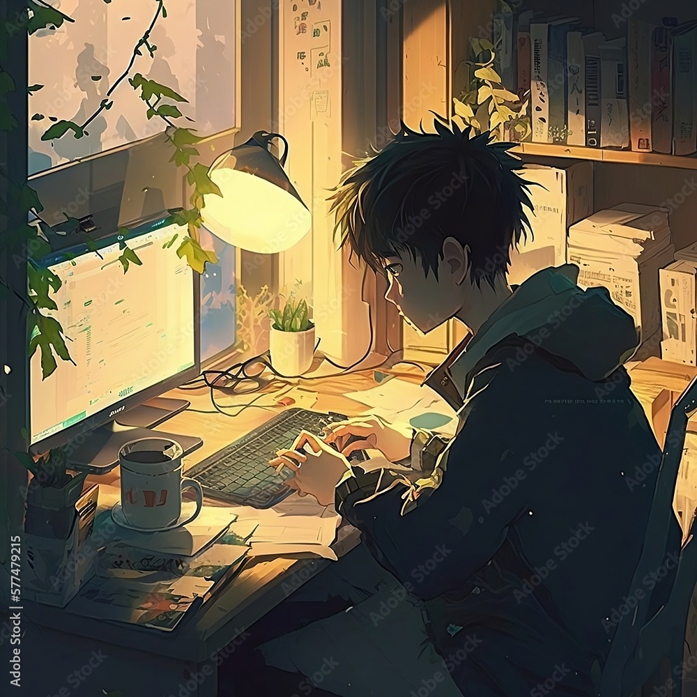 A young man sitting at a computer and studying information in anime ...