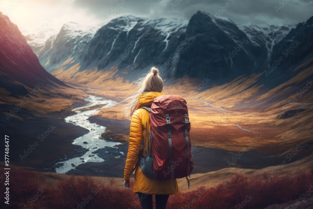 Backpacker hiker camper woman viewed from the back. Snowy mountains ...