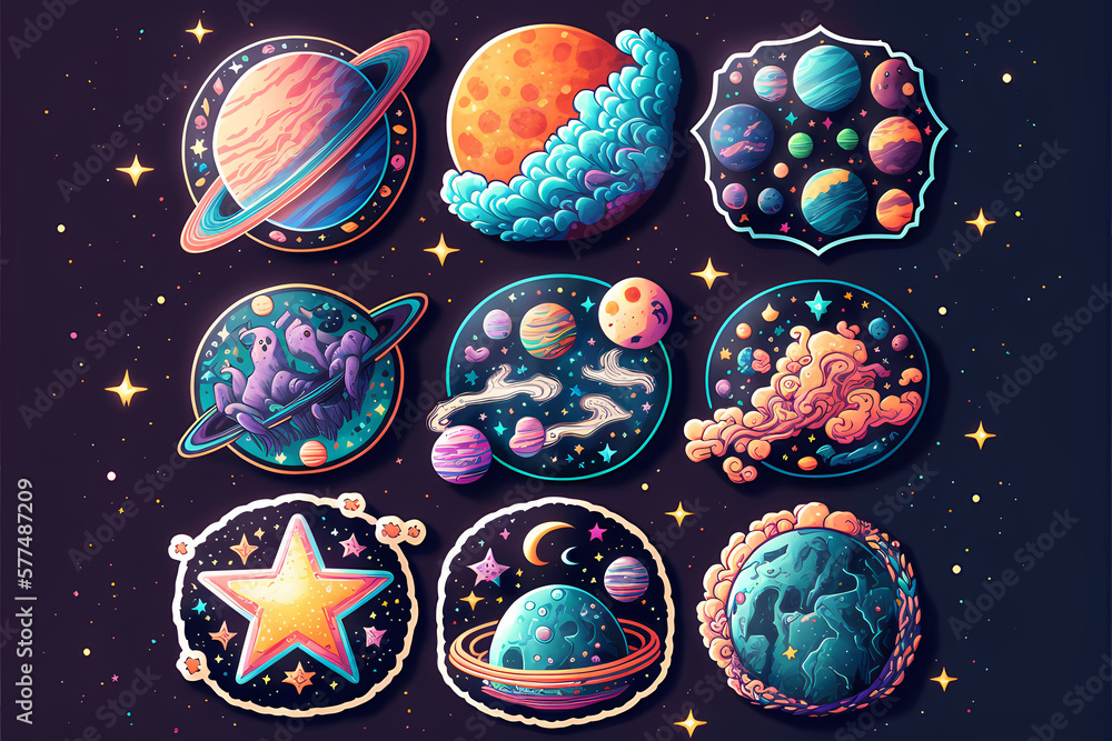 Galactic Bliss Sticker Pack , joyful planet stickers Stock Illustration ...