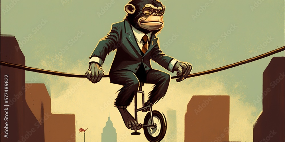 monkey wearing suit riding unicycle on tightrope, concept of ...