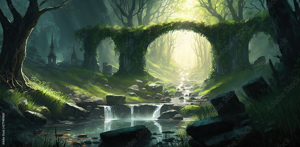 mystical and atmospheric forest glade with rays of sunlight filtering ...