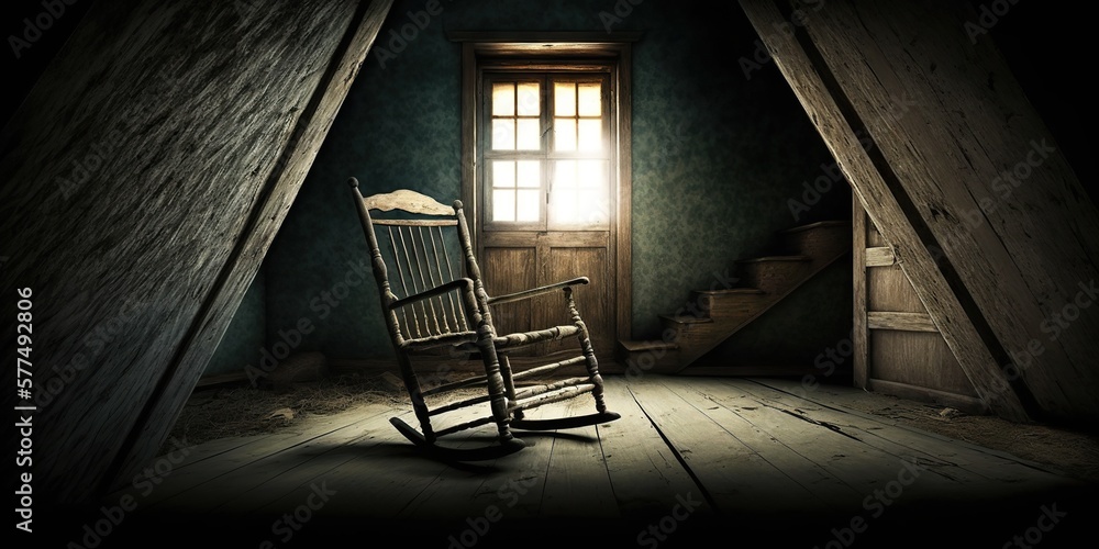 empty rocking chair on its own in an old attic, concept of Haunted and ...