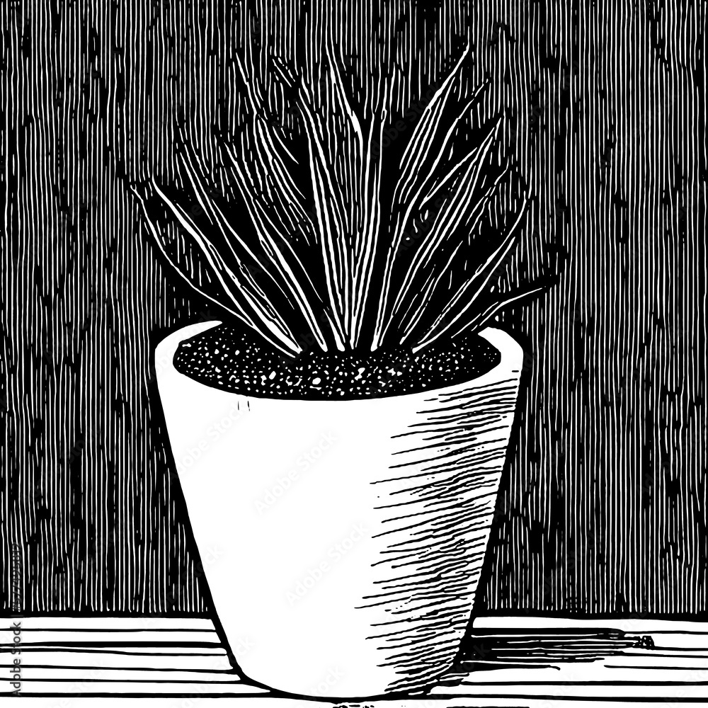 plant in a pot LINE DRAWING BLACK AND WHITE Stock Illustration | Adobe ...