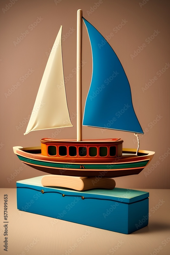 A wooden toy yacht. but the sails are in tact and still attached to the ...