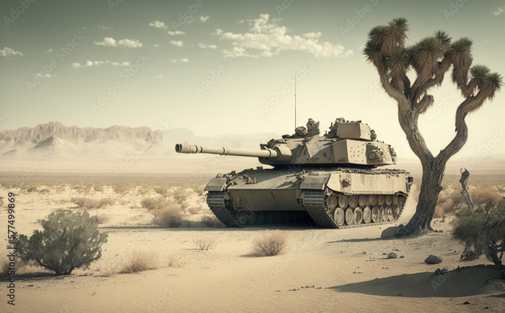 Battle tank moving at over the sand. Heavy armored military vehicle ...