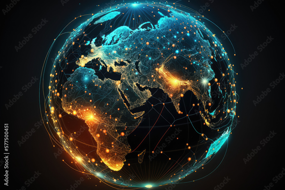 Global Connections Digital Globe with Glowing Lines and Nodes of Worldwide Cities, generative ai ...