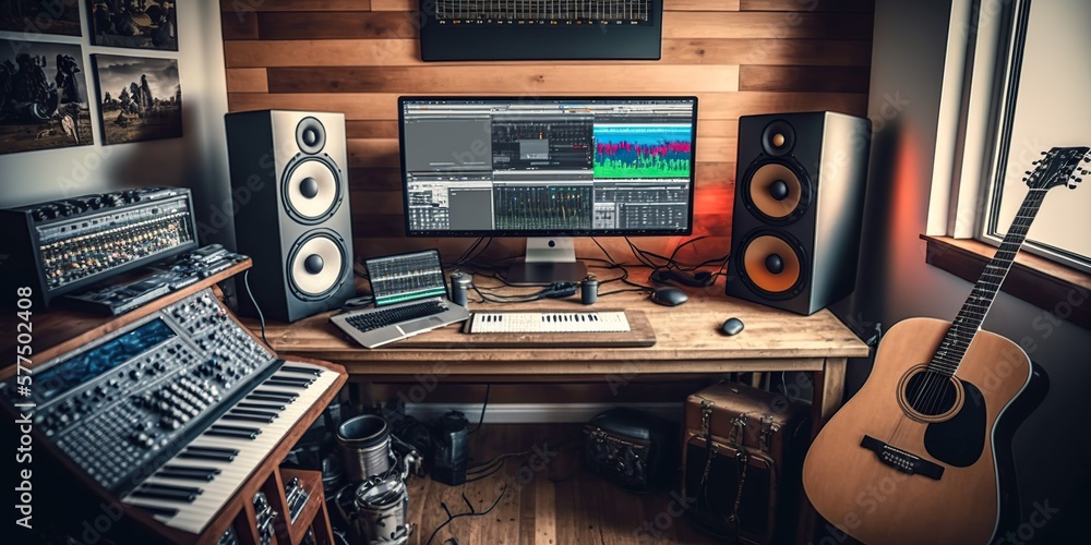 Home recording studio with various instruments microphones and mixing ...