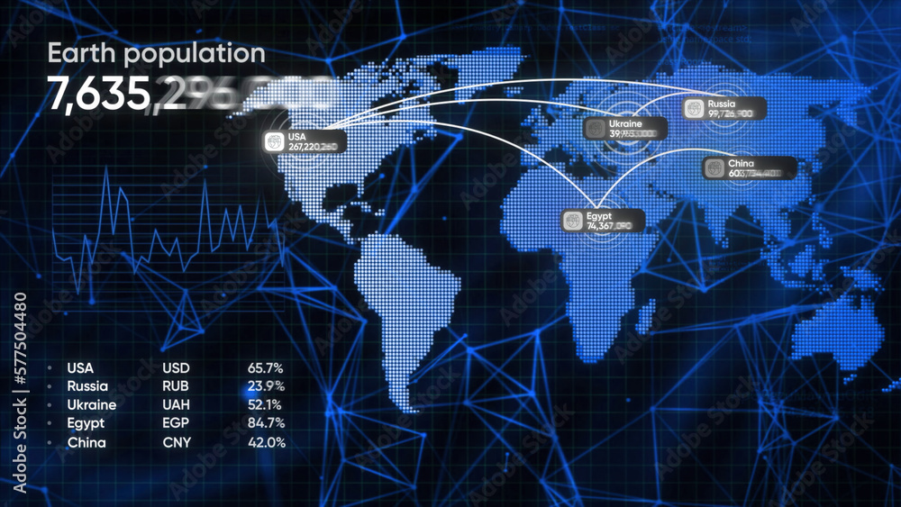Technological animation with world map and numbers. Motion. The ...