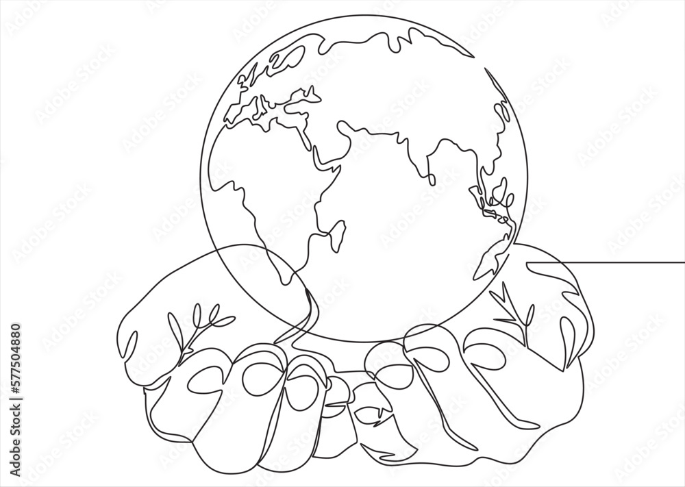 continuous line drawing of two hands holding the globe on the palm of ...