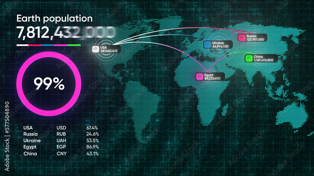 Technological animation with world map and numbers. Motion. The ...