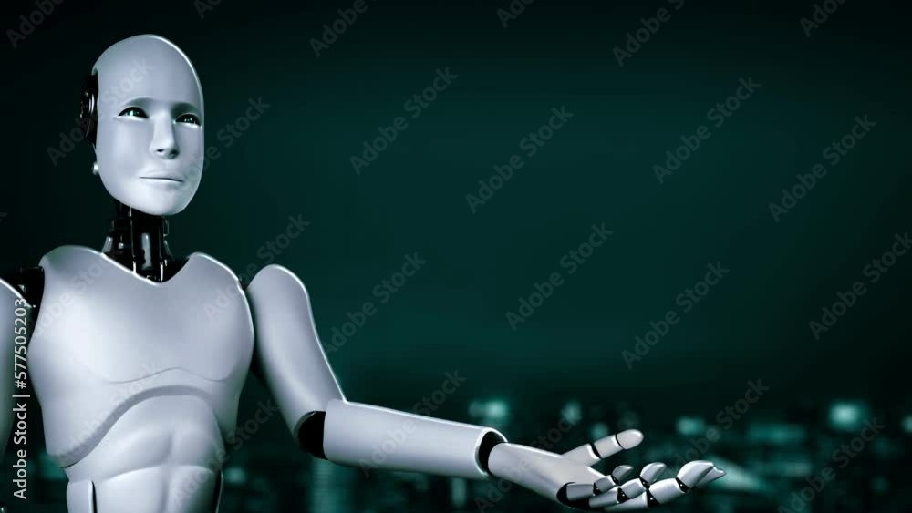 AI hominoid robot holding virtual hologram screen showing concept of ...