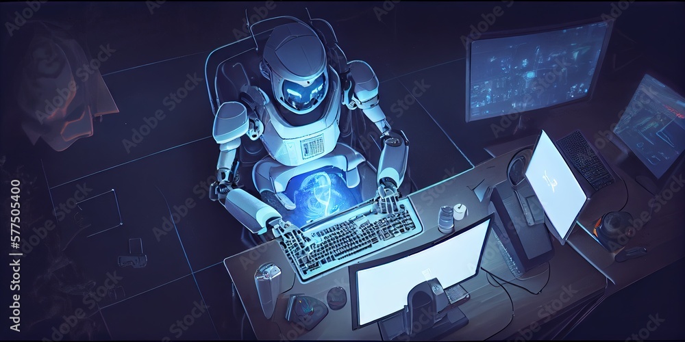 Robot writer working at his computer as a blogger. Generative AI ...